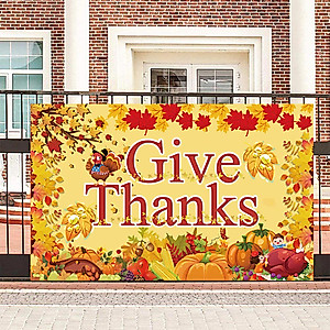 Fecedy Give Thanks Extra Large Fabric Sign Poster Banner Backdrop Pumpkin Maple Leaf Turkey Corn Fruit for Thanksgiving Day Party Decorations Welcome Autumn Hang Outdoor Indoor