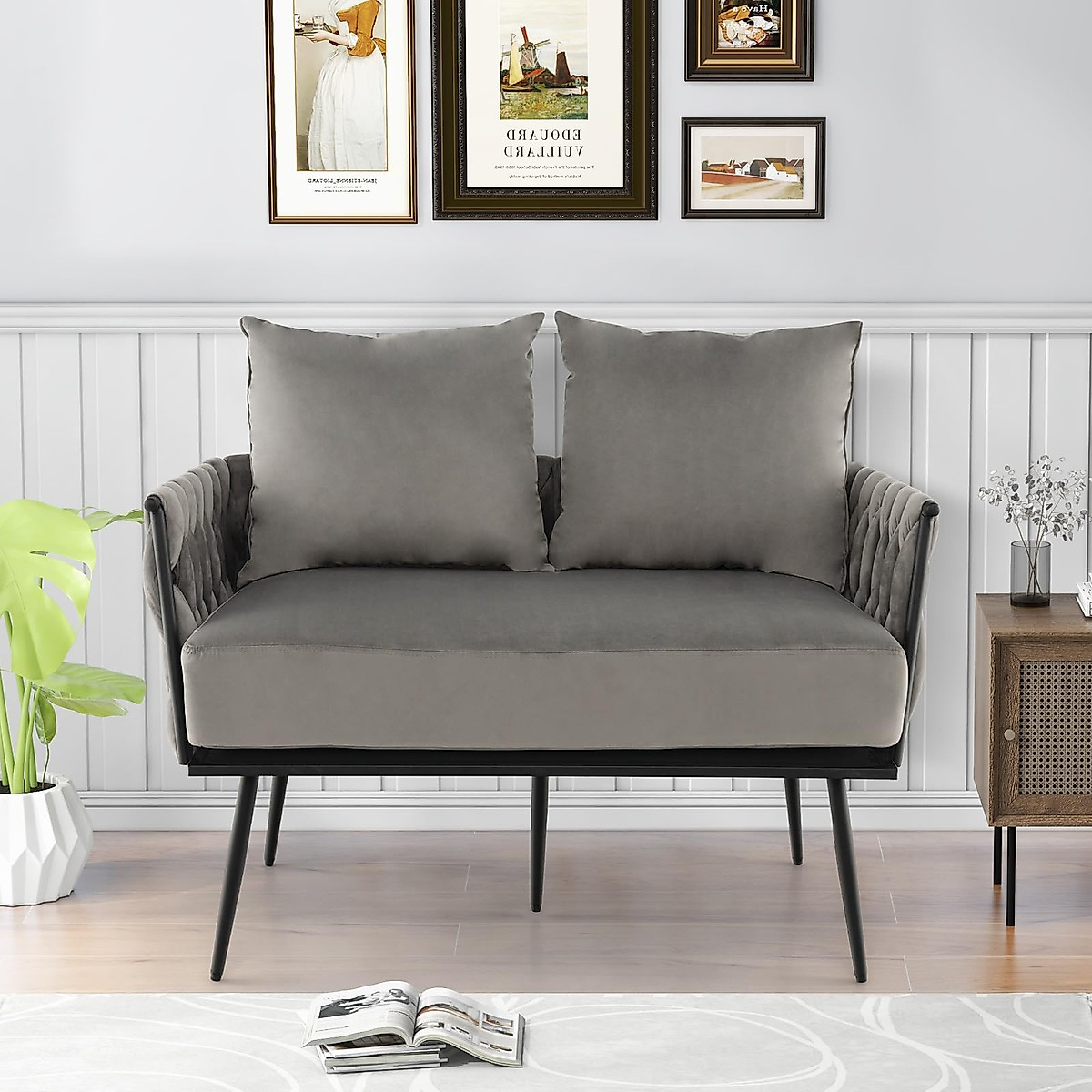 KOMFOTT 43” Loveseat Sofa, Modern Upholstered 2-Seat Sofa with 2 Back Pillows, Woven Backrest & Armrest, Mid Century Modern Dutch Velvet Sofa for Living Room Bedroom Apartment (Gray)