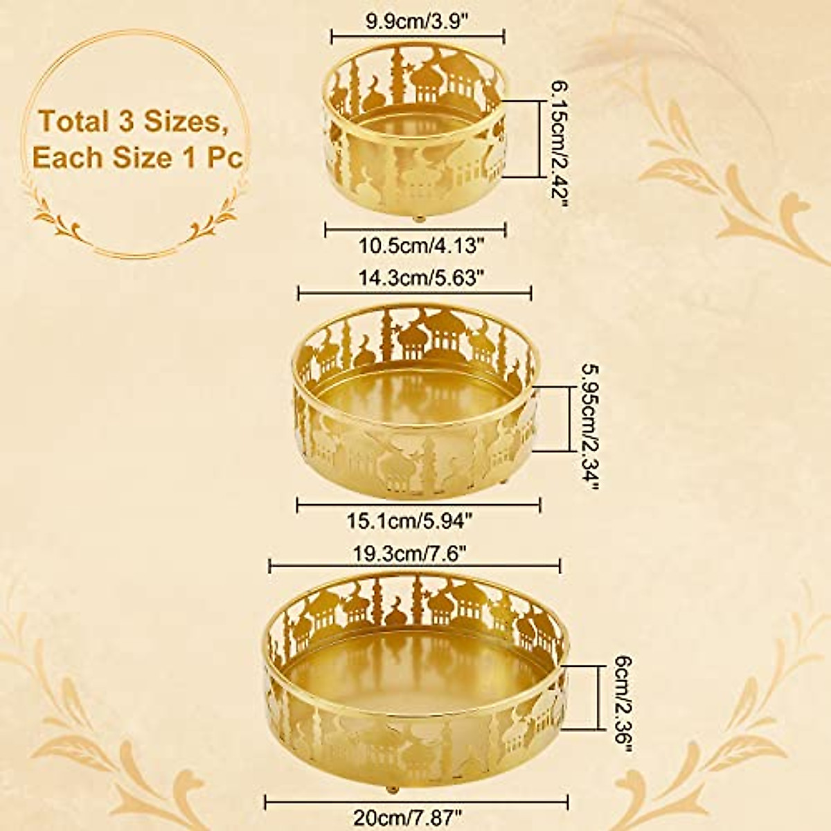 CHGCRAFT 3 Pcs 3 Sizes Metal Eid Food Tray Round Islam Platter Snack Dessert Holder Lunar Ramadan Tray Set Islam Mubarak Food Tray Decoration for RHoliday Home Party, Antique Bronze