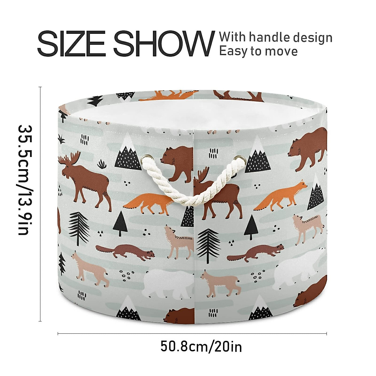 Moose Bear Foxes Trees Wolf Squirrel Seamless Forest Fauna Animals Round Storage Basket Bin, Baby Nursery Organizer with Handles for Toys Clothes, Large Foldable Bucket Waterproof Laundry Hamper