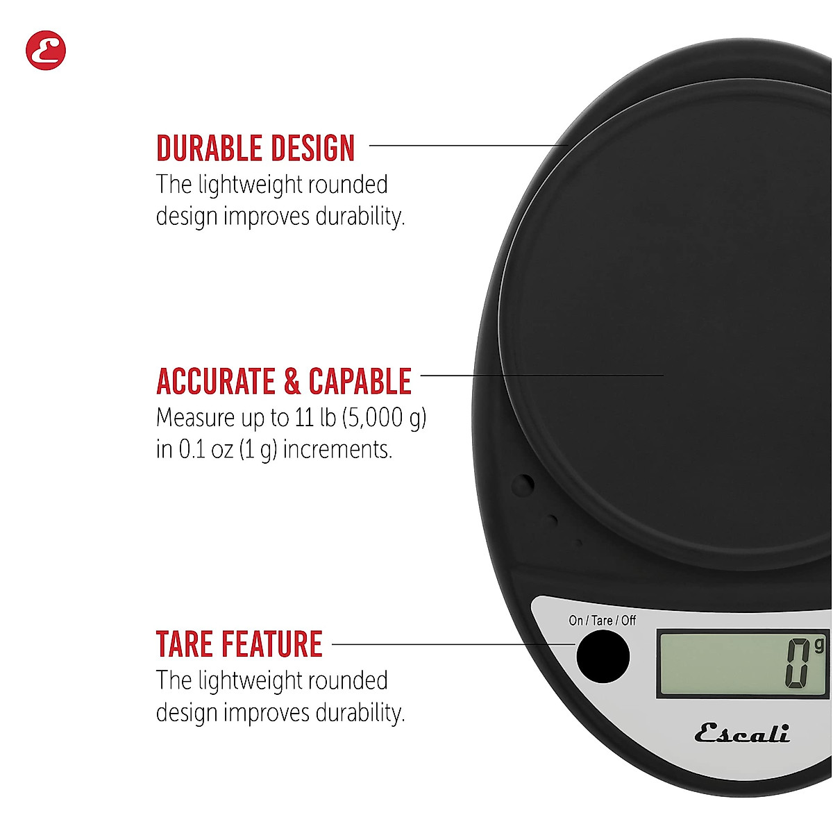 Escali Primo Digital Food Scale Multi-Functional Kitchen Scale and Baking Scale for Precise Weight Measuring and Portion Control, 8.5 x 6 x 1.5 inches, Black