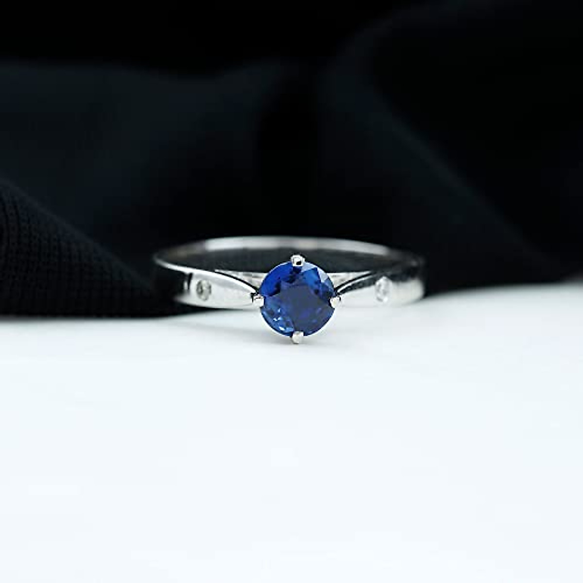 Rosec Jewels Certified Lab Grown Blue Sapphire Promise Ring, AAAA Quality, Sapphire Diamond Solitaire Ring - Ready To Gift, 14K White Gold, Size:US 6.50