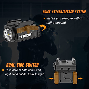 trica 800 Lumen Mini Pistol Light LED Compact Strobe Tactical Gun Flashlight, USB Rechargeable Rail-Mounte Weapon Light for Pistol Quick Release Light with 1913 or GL Rail, Built-in Battery (Black)