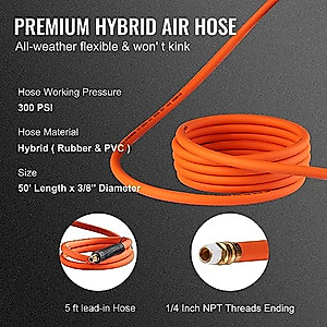 VEVOR Retractable Air Hose Reel, 3/8 IN x 50 FT Hybrid Air Hose Max 300PSI, Air Compressor Hose Reel with 5 ft Lead in, Ceiling/Wall Mount Heavy Duty Single Arm Steel Reel