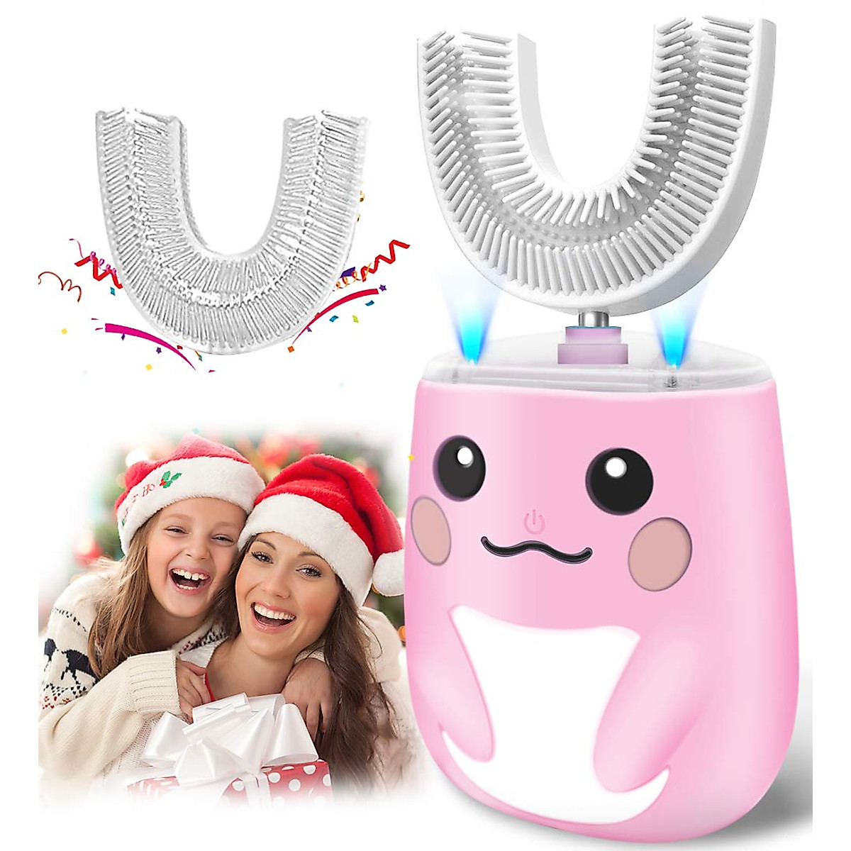 Kids U Shape Electric Toothbrushes Ultrasonic Whole Mouth Auto Toothbrush with 6 Cleaning Modes 2 Brush Heads Brushing Timer Lights IPX7 Waterproof Rechargeable Cartoon Design for Ages 2-6