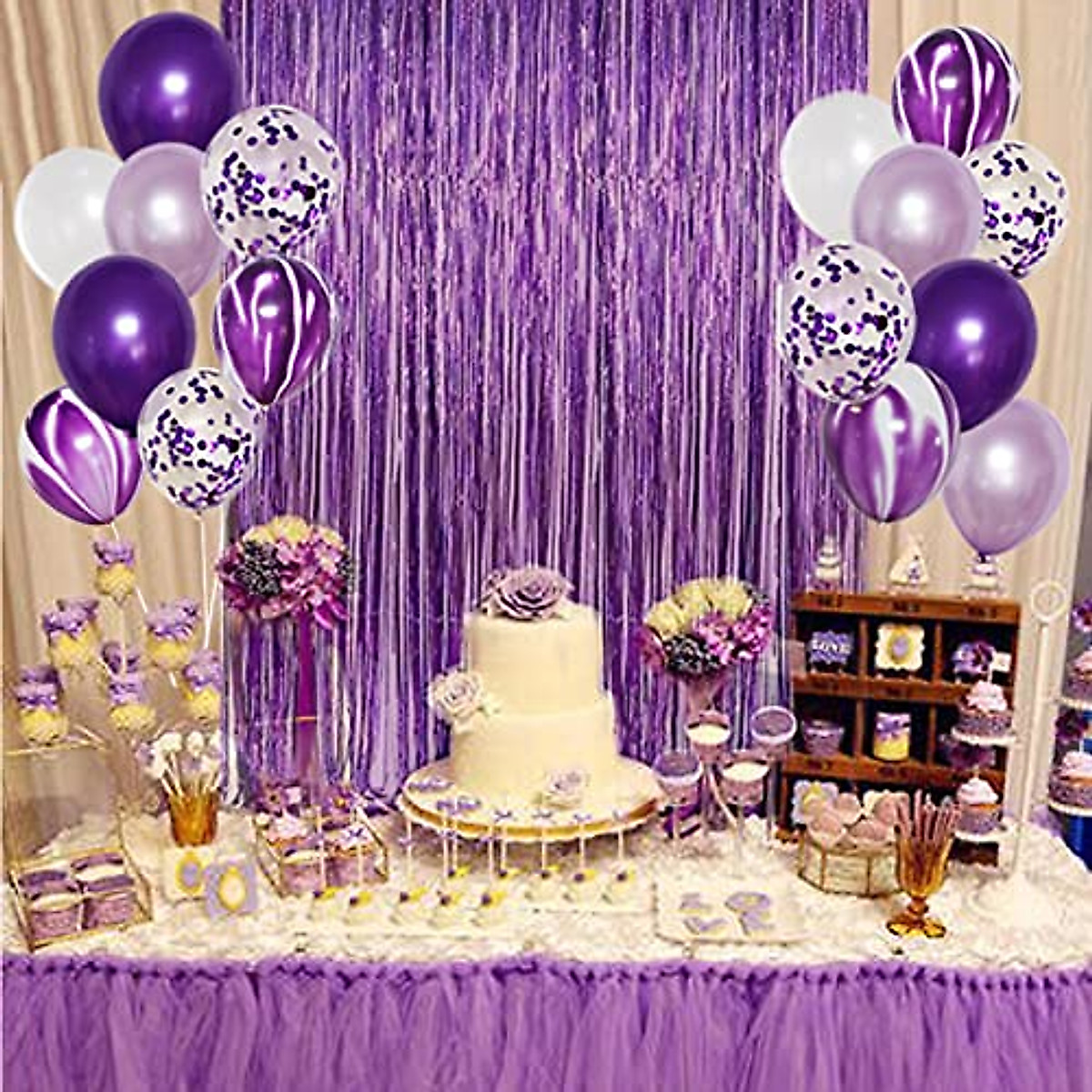 Purple Party Decorations Kit, Purple Foil Fringe Curtain Backdrop, Purple and White Balloons Set, Purple Birthday Decorations, Graduation Party Supplies, Purple Graduation Decorations