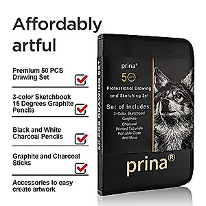 Prina 50 Pack Drawing Set Sketch Kit, Sketching Supplies with 3-Color Sketchbook, Graphite, and Charcoal Pencils, Pro Art Drawing Kit for Artists Adults Teens Beginner Kid, Ideal for Shading, Blending