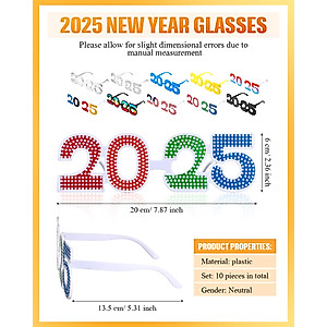 Riceshoot 10 Pairs 2025 New Years Eyeglasses 2025 Graduation Glasses 2025 New Years Eve Party Favors Supplies Glitter Number Glasses 2025 Props Eyeglasses for New Years Graduation Party