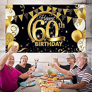 Birthday Party Decoration Extra Large Fabric Black Gold Sign Poster for Anniversary Photo Booth Backdrop Background Banner, Birthday Party Supplies, 72.8 x 43.3 Inch (60th)
