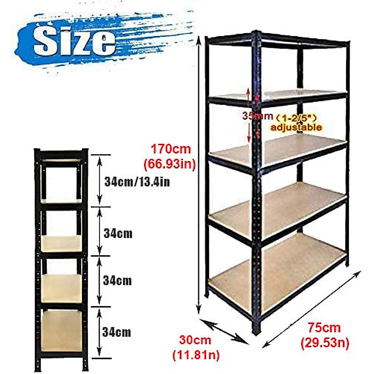 5 Tiers Storage Rack Heavy Duty Shelf Steel Shelving Unit 1929lbs High Weight Capacity Adjustable Garage Shelves for Garage, Kitchen, Pantry, Laundry, Office - 29.53" W x 11.81" D x 66.93" H, Black
