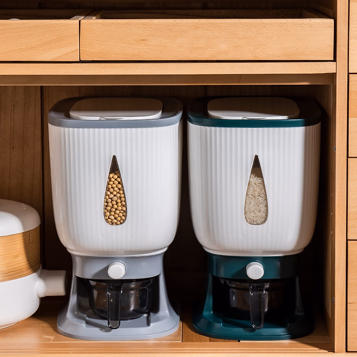 Mairuker 20 Lbs Upgrade Rice Dispenser with Lid, Droplet Shape Transparent Visible Grain Storage Box for Cereal, Rice, Candy, Coffee Bean, Snack, Grain Kitchen Food Storage Tank [Gray]