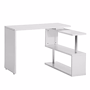 MJWDP L-Shaped Corner Computer Desk PC Laptop Table Study Workstation with 2-Tier 360 Degree Rotatable Storage Shelf White
