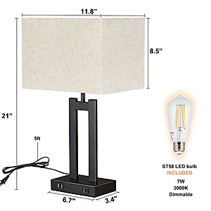 SURAIELEC Table Lamps Set of 2, Touch Control Nightstand Lamp with 2 USB Charging Port & AC Outlet, 3-Way Dimmable Table Lamp for Bedroom, Living Room, Beige Linen Lampshade, LED Bulb Included