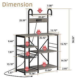 JAMFLY Bakers Rack with Power Outlet, Microwave Stand, kitchen Storage Shelf with 6 Hooks, Coffee Bar Station with Wire Basket, 6 Tier Kitchen Rack for Living Room, Spice, Pots and Pans Organizer