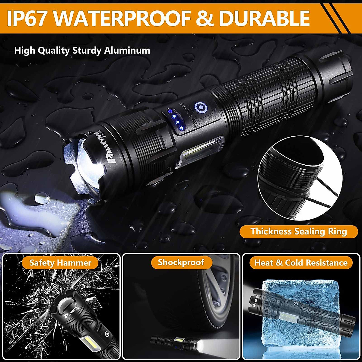 PHIXTON Flashlights Rechargeable LED High Lumens, Powerful 900,000 Lumen Flashlight, High Power Heavy Duty Red & White Flash Lights, Double Source, for Men Gift Emergency Hiking Work