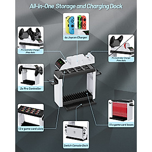 Switch Organizer with Controller Charging Station, ZAONOOL Charger Stand for Nintendo Switch & OLED Joycon, Pro Controller, Accessories Storage Tower for Games, TV Dock