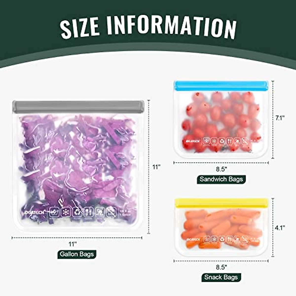 Dishwasher Safe Reusable Storage Bags, 10Pack Leakproof Reusable Freezer Bags, BPA Free PEVA Reusable Sandwich Bags, Food Storage Bags(10Pack-3 Gallon + 4 Sandwich + 3 Snack)