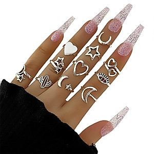 HUJUON 11-14 Pcs Silver Knuckle Stackable Finger Ring,Cute Cat Paw Joint Midi Rings,Hollow Star Moon Rings,Love Heart Cactus Open Ring Jewelry for Women (Silver 11Pcs)