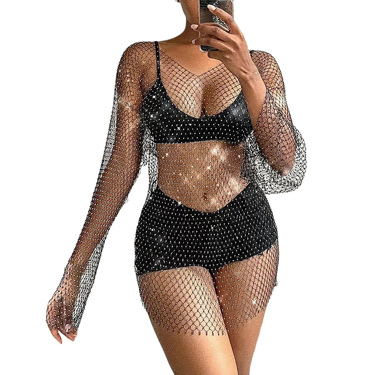 Lrady Women's Rhinestone Mesh Sheer Fishnet Long Sleeve V Neck Mini Dresses Sexy Bikini Beach Cover Up Clubwear, Black & White, Large