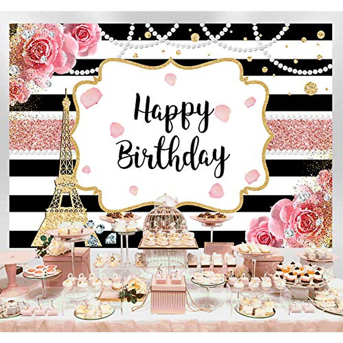 Sensfun Paris Birthday Backdrop Eiffel Tower French Theme Birthday Photo Background 7x5ft Pink Roses Ooh La La Black White Stripes Floral Happy Birthday Backdrops Decorations