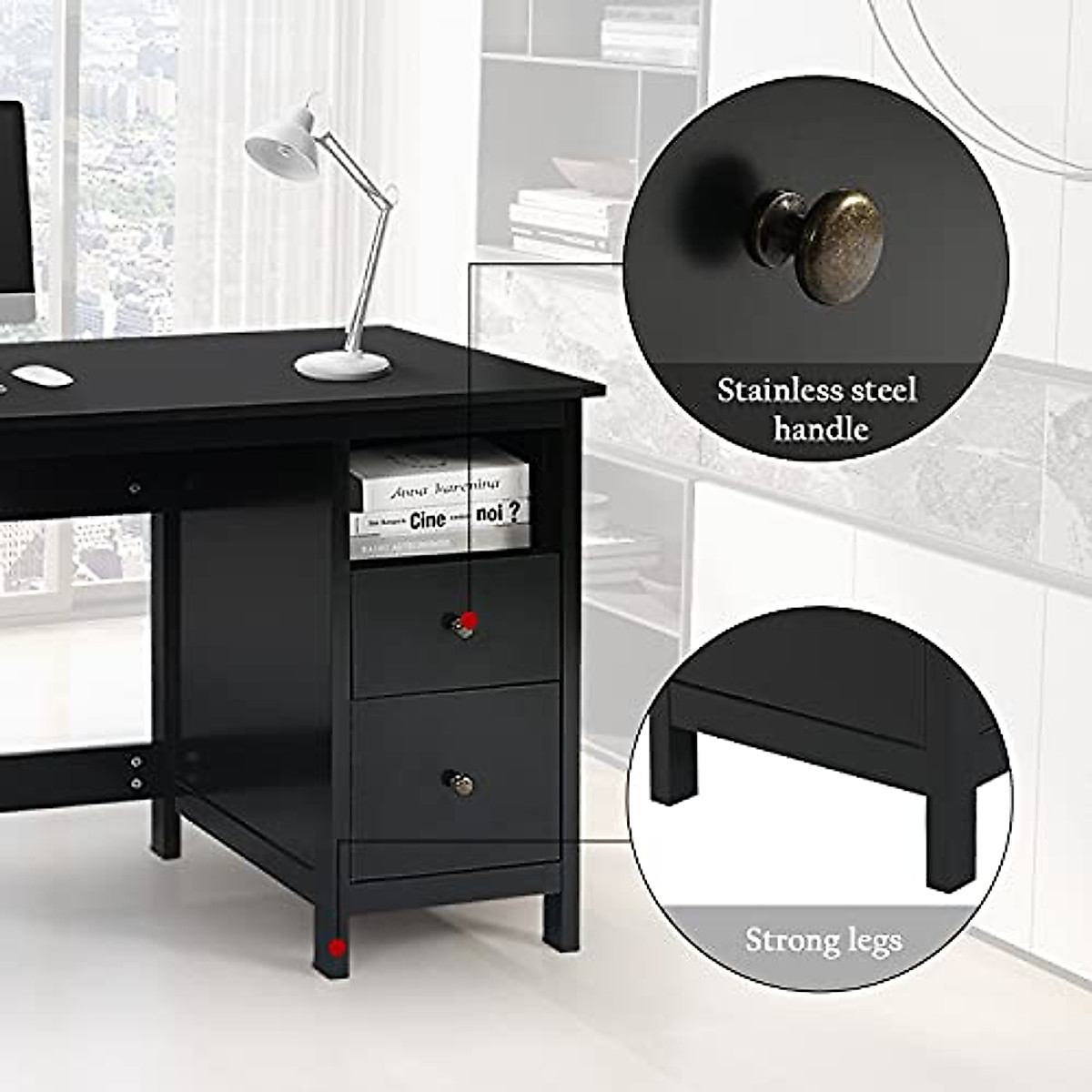 Vikiullf Writing Desk with Storage Cabinet - 47.2” Black Modern Wood Home Office Computer Desk with 2 File Drawers & Open Shelf Study Table for Teens