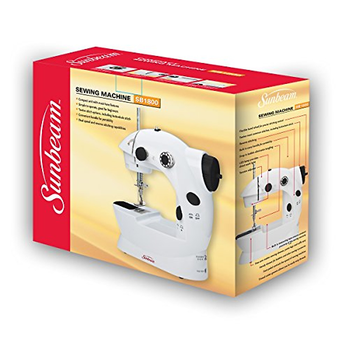 Sunbeam Mini Portable Sewing Machine AC Adapter Foot Pedal And Over 75 Piece Sewing Kit Included, Drop In Bobbin For Easy Set Up, Double Thread and Speed, Pre Threaded Ready To Use, Battery Operated As Well