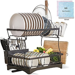 BNUNWISH Dish Drying Rack with Drainboard, 2 Tier Large Capacity Stainless Steel Dish Drainer Racks for Kitchen Counter with Utensil Holder, Cup Racks & Cutting Board Holder