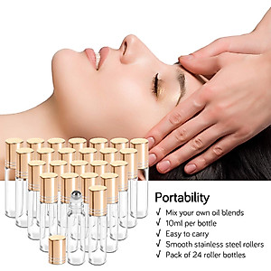 PrettyCare Essential Oil Roller Bottles 10ml (24 Pack Clear Glass Bottle with Gold Cap, 4 Extra Roller Balls，48 Labels, 2 Openers, 2 Funnels Roller Balls For Essential Oils, Roll on Bottles