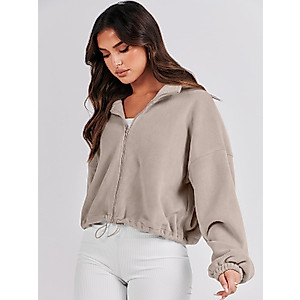 ANRABESS Women's Sweatshirts Full Zip Up Bomber Jacket Oversized Fleece Crop Sherpa Coat Long Sleeve High Neck Teddy Winter Pullover Active Sport Tops Outwear 1097 M, Khaki
