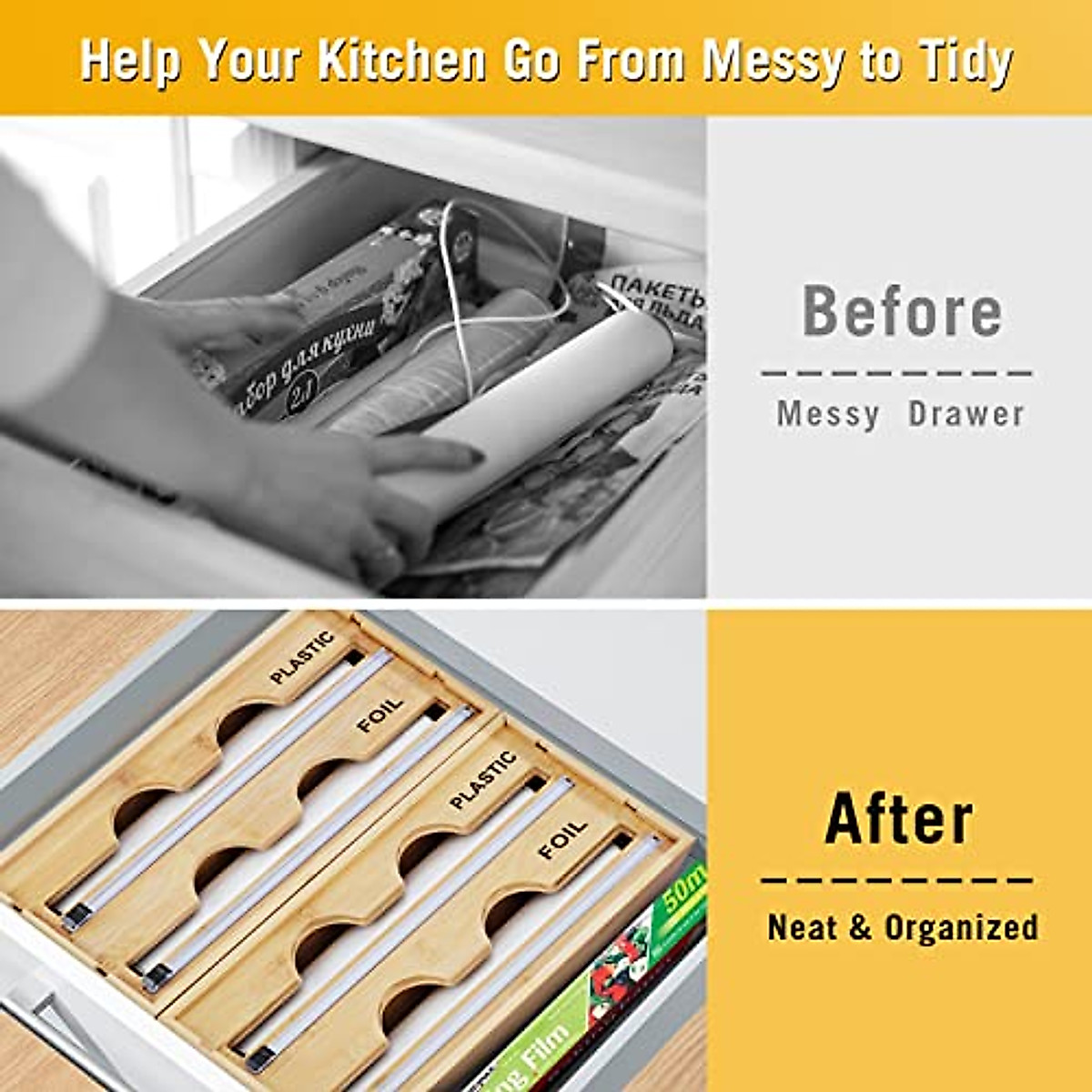 Wizsofer 2 in 1 Foil and Plastic Wrap Organizer, Bamboo Plastic Wrap Dispenser with Cutter and Labels, Plastic Wrap, Wax Paper, Aluminum Foil Organization and Storage for Drawer, Fits with 12" Roll