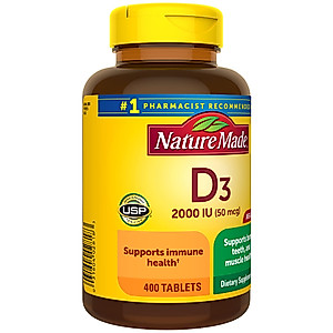 Nature Made Vitamin D3 2000 IU (50 mcg), Dietary Supplement for Bone, Teeth, Muscle and Immune Health Support, 400 Tablets, 400 Day Supply