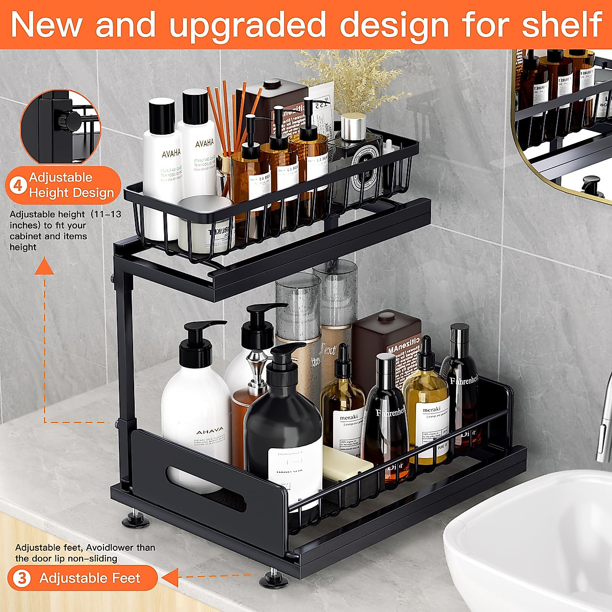 Truoctdu Under Sink Organizer and Storage, Pull Out Cabinet Organizer 2 Tier Pull Out Sliding Cabinet Organizer Height Adjustable Storage Shelves, Under Sink Storage for Kitchen Bathroom Pantry 2 pack
