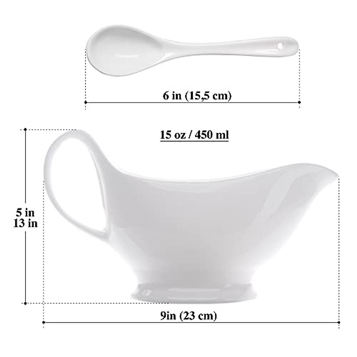 MaKar Gravy Boat, 15 oz, Spoon, Gravy Boat for Salad Dressings Milk, Sauce, Broth, Creamer, Microwave & Dishwasher Safe