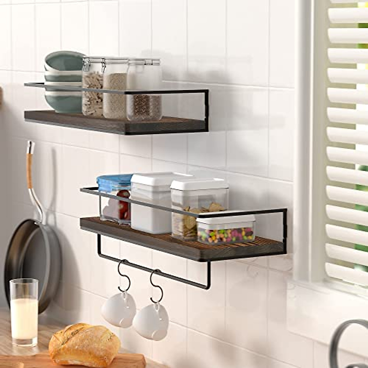 ZGO Floating Shelves for Wall Set of 2, Wall Mounted Storage Shelves with Metal Frame and Towel Rack for Bathroom, Kitchen, Bedroom