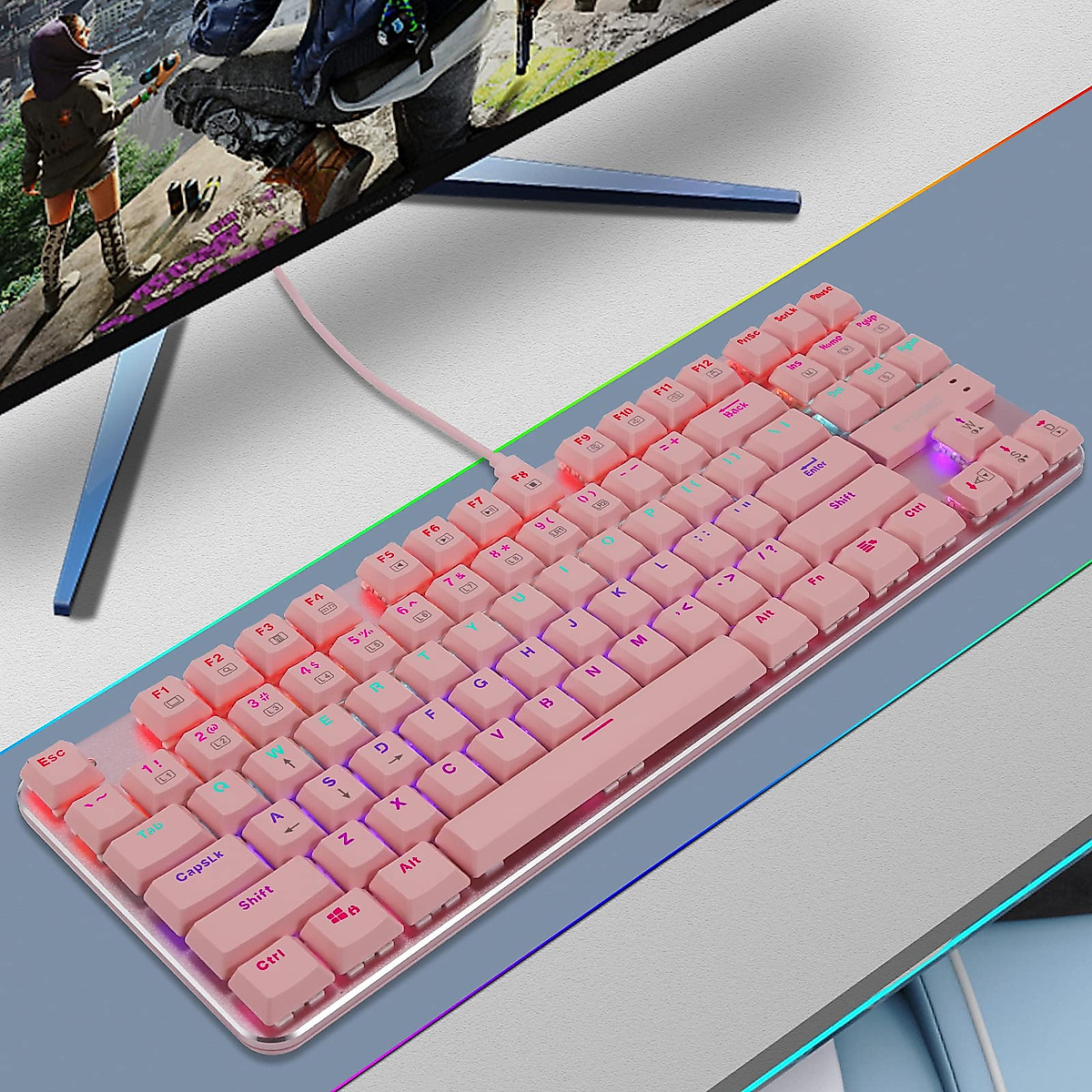 Z-66 Mechanical Gaming Keyboard, Blue Switch Audible, LED Backlit, Low Profile Keycaps, Type-C USB Wire Detachable, Compact 87Keys, for Windows Desktop Laptop Gamer and Office