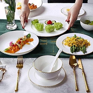 Porcelain Plate and Bowl Set,Dinnerware Set for Home or Special Restaurant, Ceramics Dinnerware Set, Bowl/Dish/Soup Pot/Spoon|Bone China Dinner Sets, White Embossed Gold Pattern Porcelain Combination