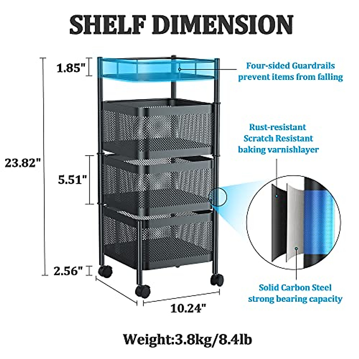 Homelet Rotating Multi Layers Storage Shelf Rolling Carts Free-Standing Rust-Proof Vegetable Storage Rack Baskets For Kitchen Living Room Bathroom Bedroom Office Fruit Organizer