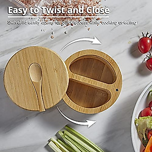 Bivvclaz Large Salt Spice Box with Swivel Lid Bamboo Salt Cellar with Lid and Spoon, 2-Compartment Salt Pepper Bowls for Salt & Spices, Salt Container Holder for Sea Salts, Dual 6 oz