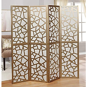 Roundhill Furniture Giyano 4 Panel Screen Room Divider, Gold