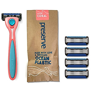 Preserve POPi Shave 5 Razor System Made with recycled Ocean Plastic, Coral Pink and Preserve POPi Shave 5 Replacement Cartridges for Preserve POPi Shave 5 Razor (4 Count) Bundle