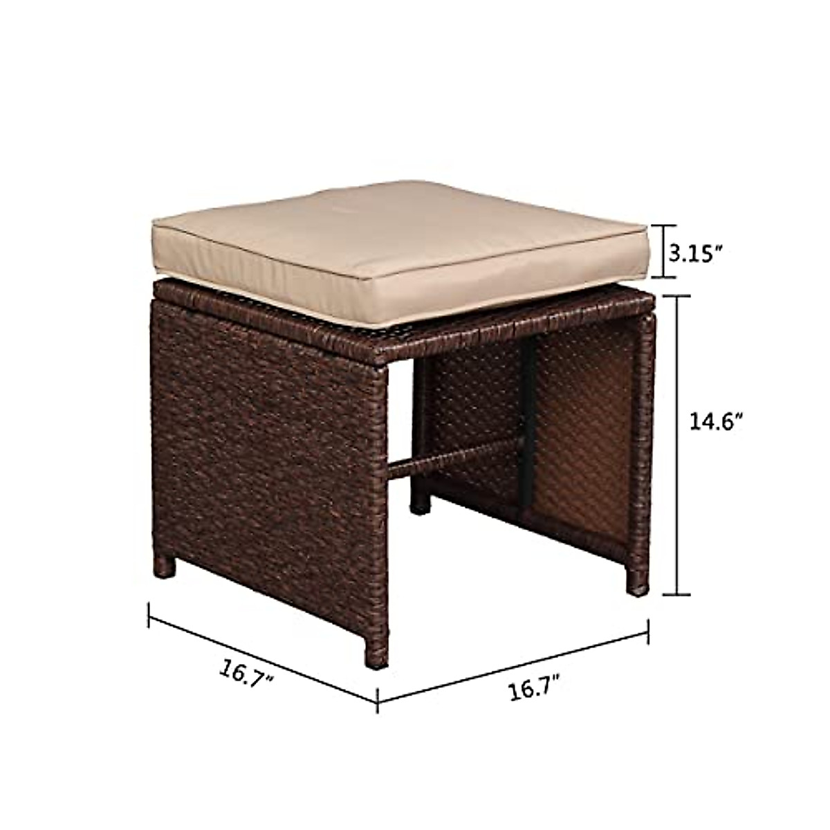9 Pieces Wood Grain PE Wicker Rattan Dining Ottoman with Tempered Glass Table Patio Furniture Set, Stylish and Durable Patio Furniture for Outdoor, Wicker Patio Dining Set