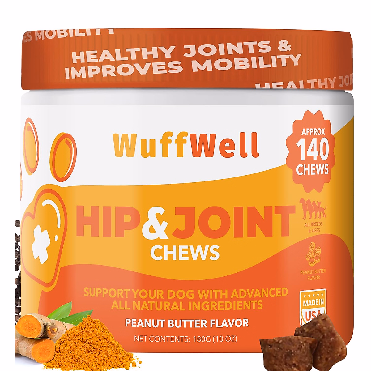 WuffWell Dog Hip and Joint Supplement - Pain and Inflammation Relief Chews with Glucosamine, Chondroitin, MSM, Turmeric - 140ct - Treats Hip Dysplasia, Arthritis - Dogs Chewable Supplements - USA Made
