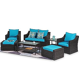 Kiss the Water Outdoor Patio Furniture Sets, 7 Pieces Outdoor Sectional Rattan Sofa Set, Brown PE Wicker Patio Conversation Sets with 10 PCS Lake Blue Washable Cushion and Tempered Glass Table
