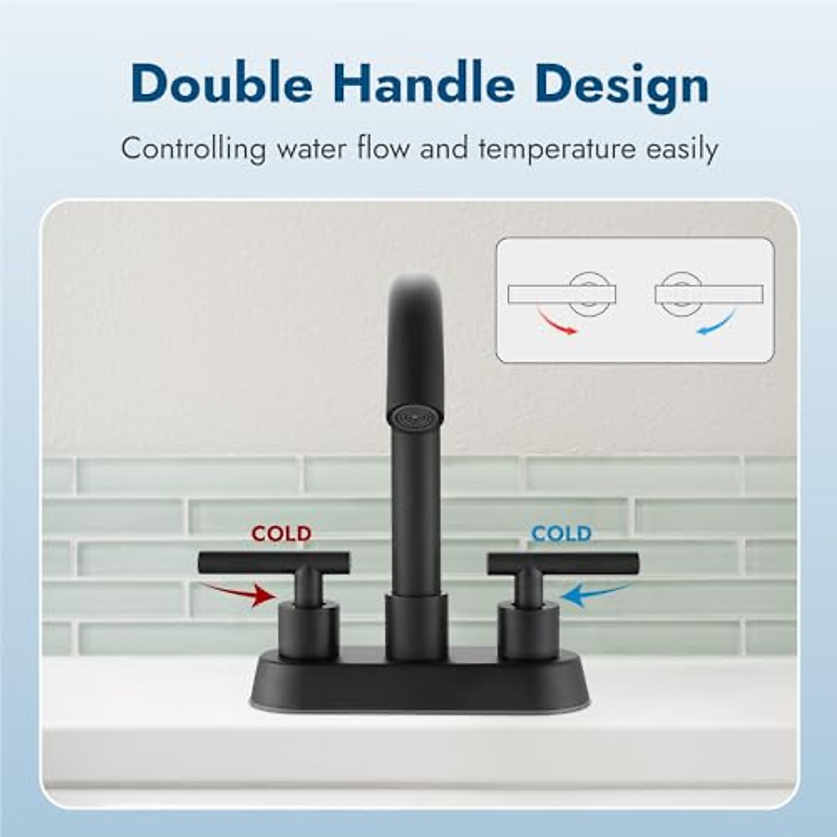 Cinwiny Matte Black Bathroom 4 Inch Centerset Sink Faucet SUS304 Double Handles Swivel Spout Deck Mount Mixer Tap with Pop-up Drain Lavatory Bathroom Vanity Faucets