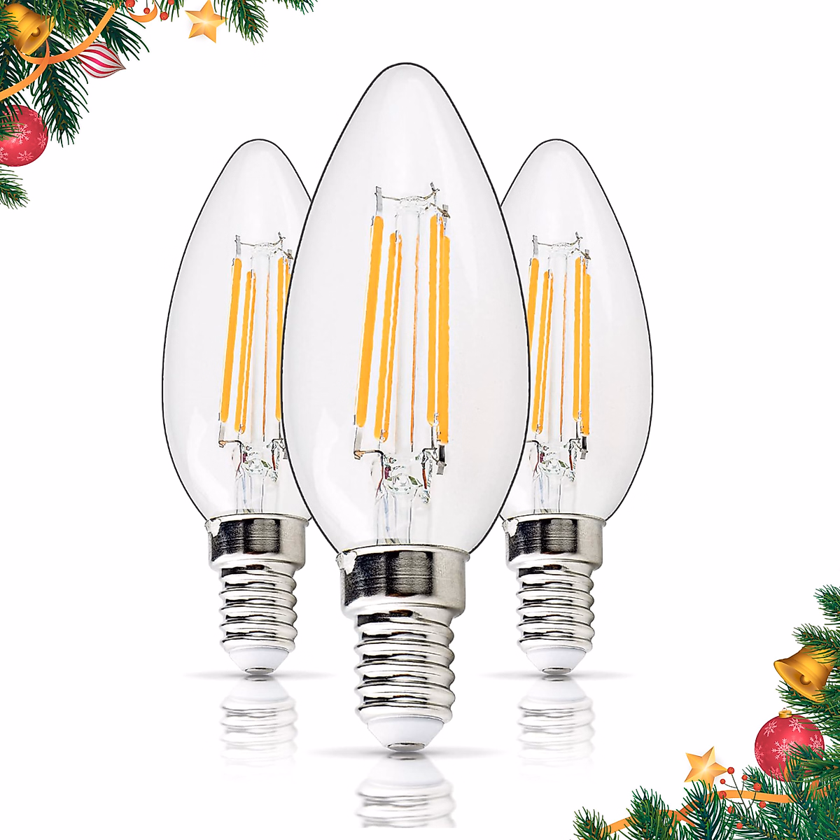 BlueStars Christmas Decoration C35 4W LED Bulb E14 European Base (40 Watt Equivalent), 2700K Warm White, 450lm, Candle Shape Clear Glass for Chandeliers, Ceiling Fans, Wall sconces - Pack of 3