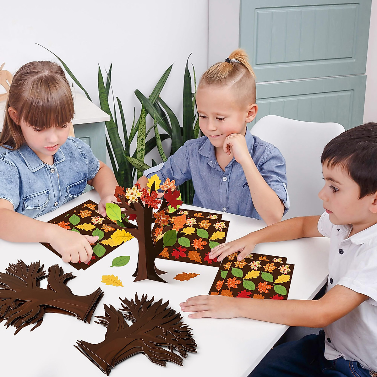 WATINC 16Pcs Fall Thankful Trees Craft Kits for Kids, Autumn Maple Oak Leaves Make Your Own DIY Thanksgiving Trees Decoration Thankful Craft Kit Supplies Home School Fun Activities for Kids