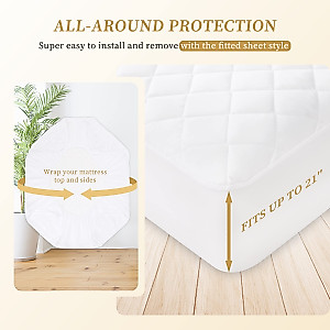 Quilted Fitted Queen Mattress Pad Cover, Waterproof Mattress Protector, Deep Pocket Elastic Fits Up to 21'', Breathable Soft Alternative Filling Mattress Pad