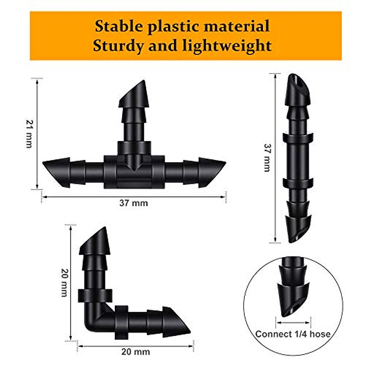 Zonon 240 Pieces Drip Irrigation Fittings Kit for 1/4 Inch Tubing, 80 Barbed Couplings, 80 Tee Fittings, 80 Elbows, Barbed Connectors with Plastic Box for Garden Lawn Drip or Sprinkler Systems, Black