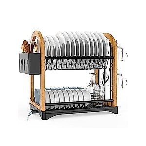 MENGK Efficient and Stylish 2-Tier Drying Dish Rack with Drain Board Set - Organize Your Kitchen Counter and Keep Dishes Neatly Arranged - Metal Black Design