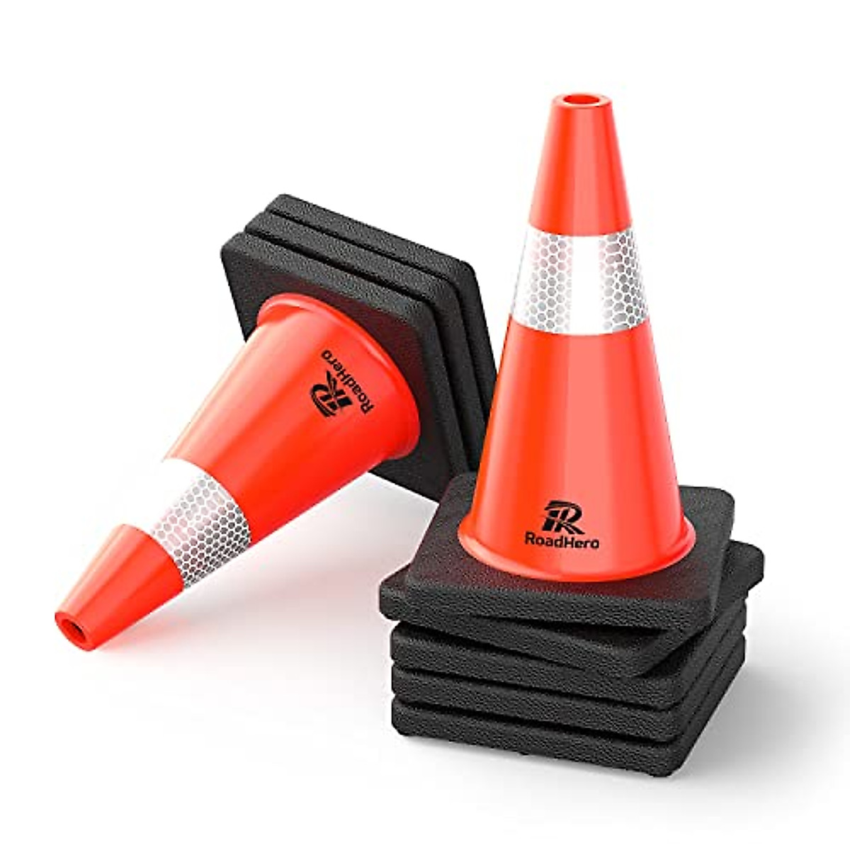 RoadHero (8 Pack) Traffic Safety Cones 18 Inch, PVC Cone with Black Weighted Base, Orange Cones with Reflective Collar, Cones for Parking Lot, Construction Events, Road Safety